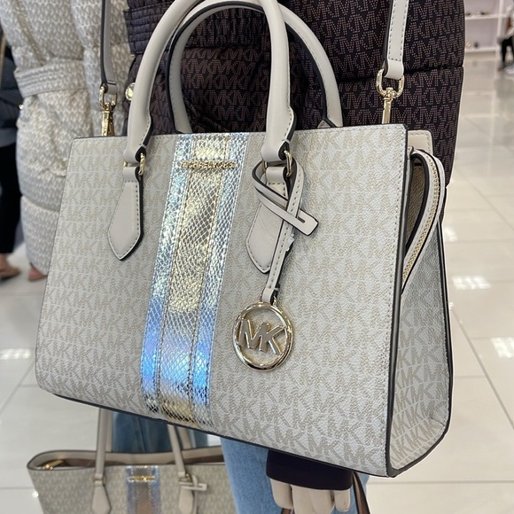 Michael Kors | Bags | Michael Kors Sheila Medium Signature Logo And Metallic Satchel Crossbody ...